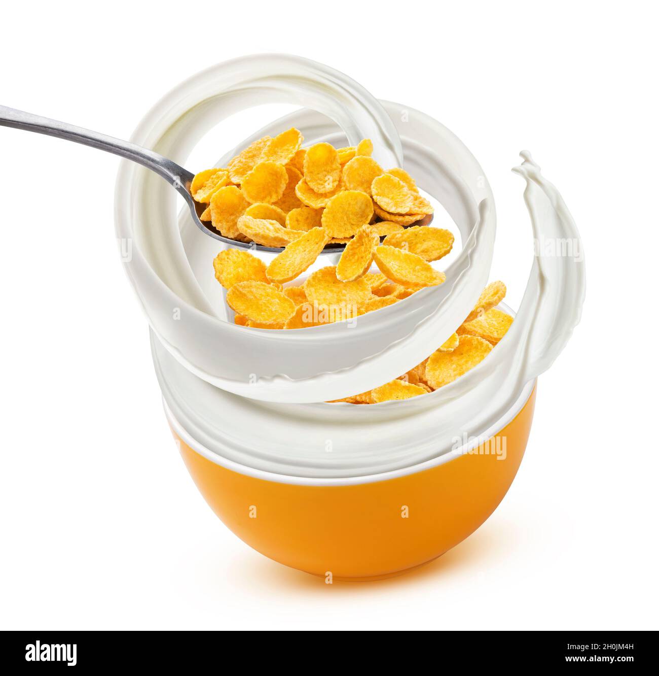 Falling corn flakes with milk splash isolated on white background Stock ...