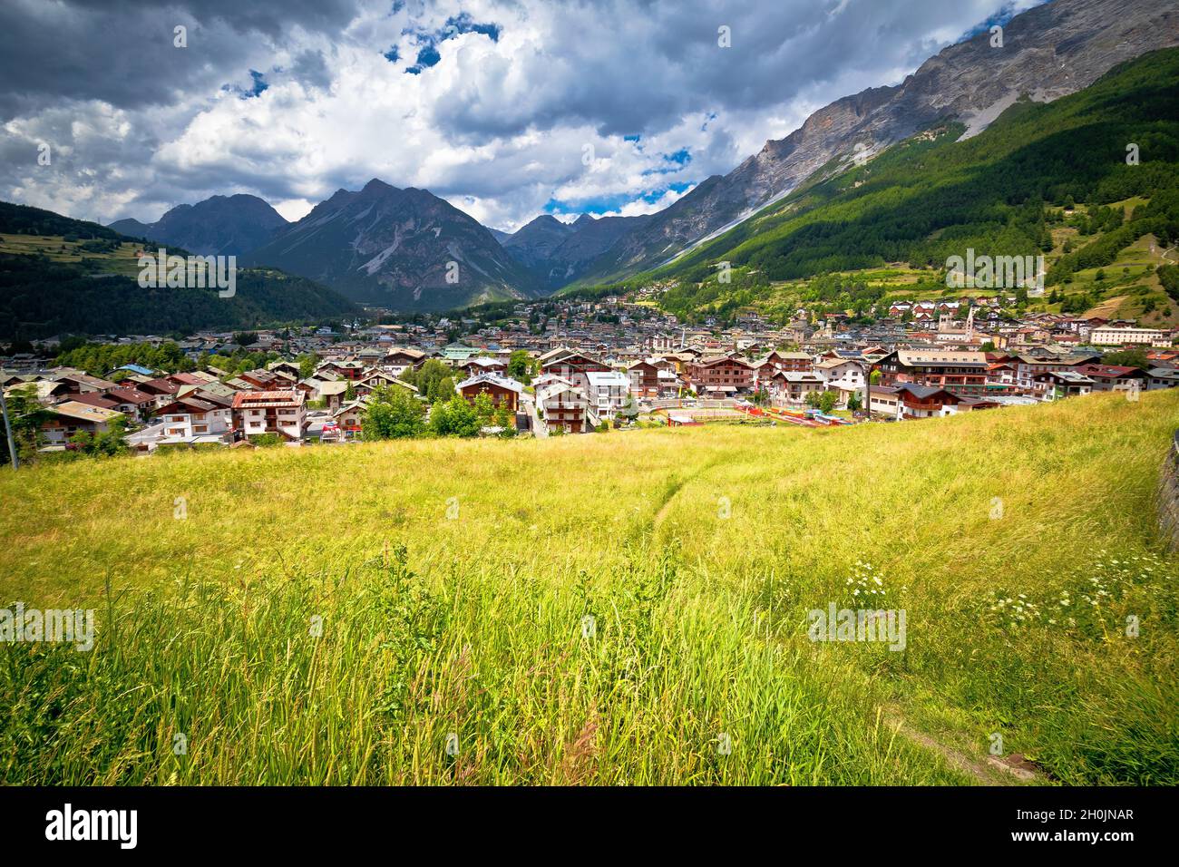 Town of Bormio in Dolomites Alps green landscape view, Province of ...