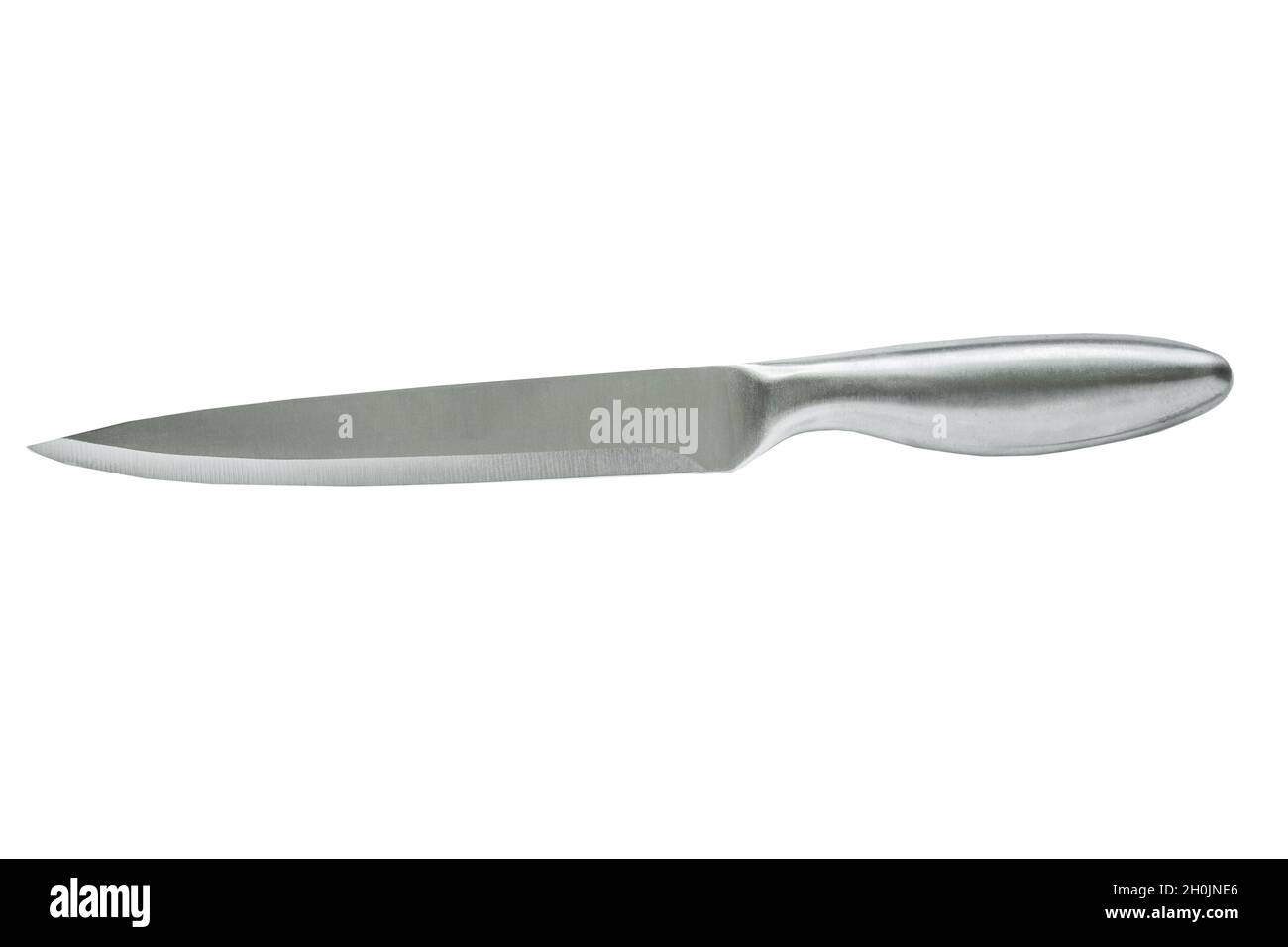 New steel long kitchen knife insulated on white background. Close-up ...