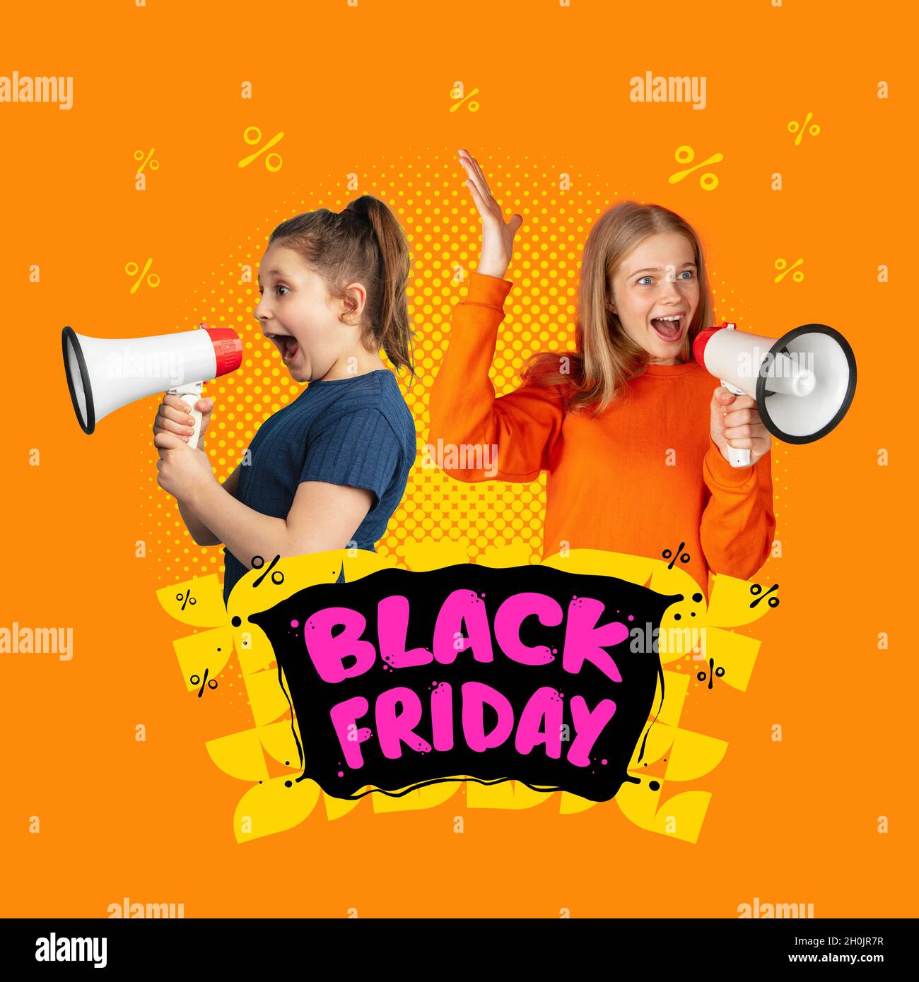 Two surprised shocked girls shouting on orange color backgound. Human ...