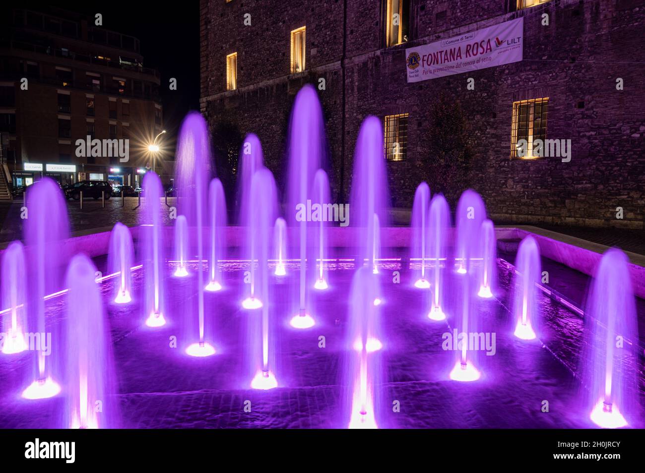 terni,italy october 12 2021:fountain of the town of terni illuminated ...