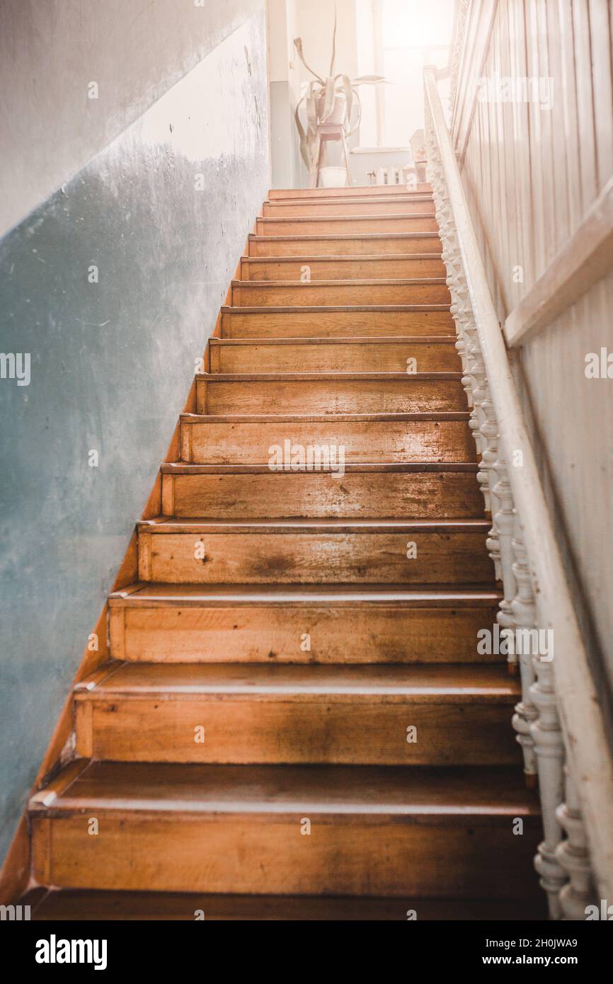 Old wooden staircase to the second floor - antique interior Stock Photo ...