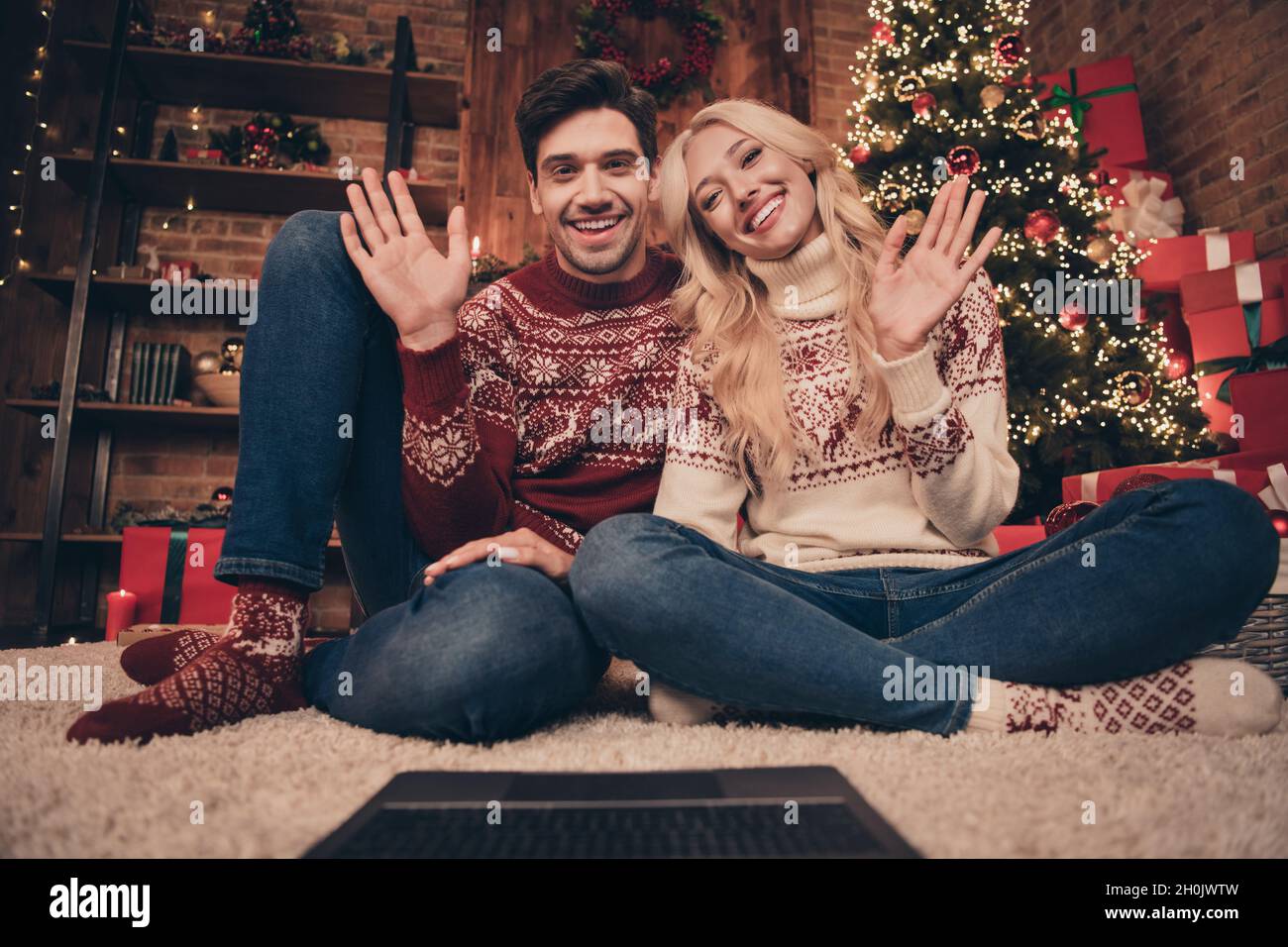 Portrait of two handsome beautiful girlfriend boyfriend cheerful ...
