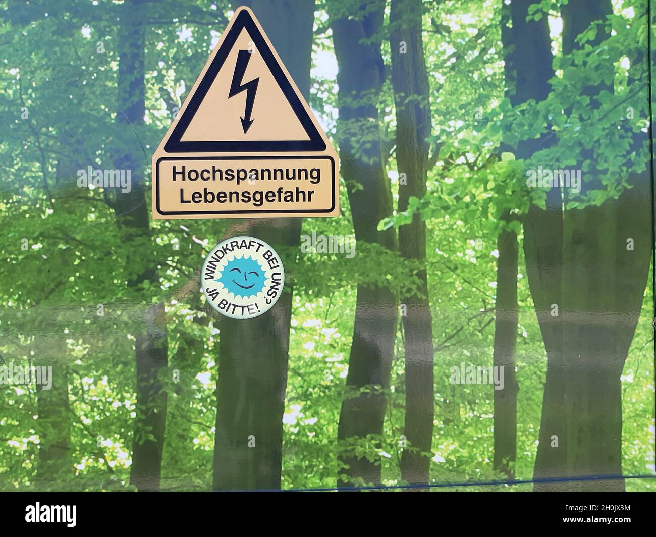 sticker 'Wind power? Yes please!' and 'High voltage, danger to life' in ...