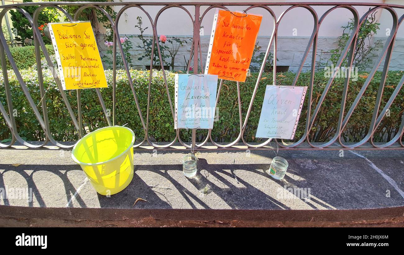 notes with herb names and empty containers on a wall Stock Photo - Alamy