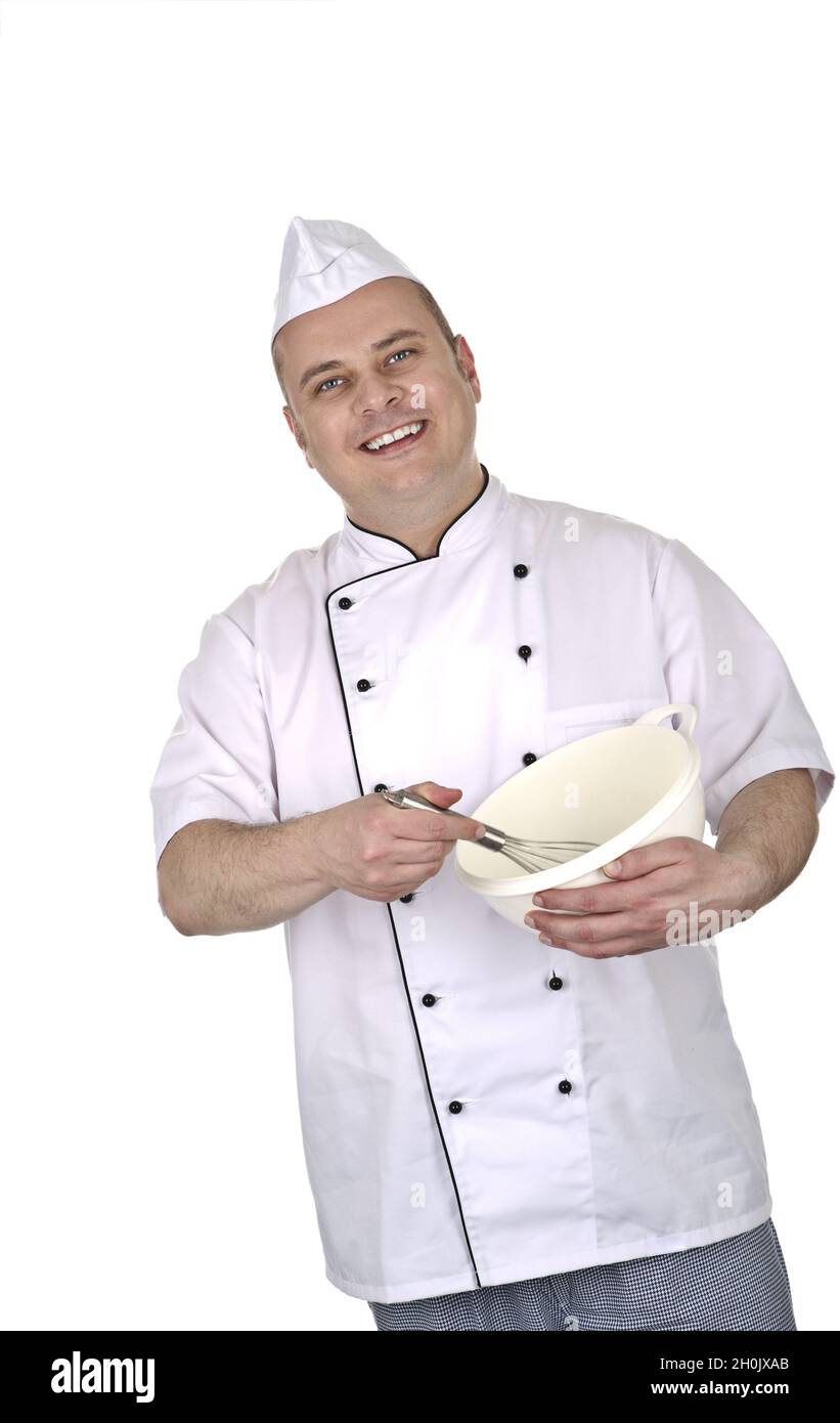happy cook with egg whip an bowl Stock Photo - Alamy