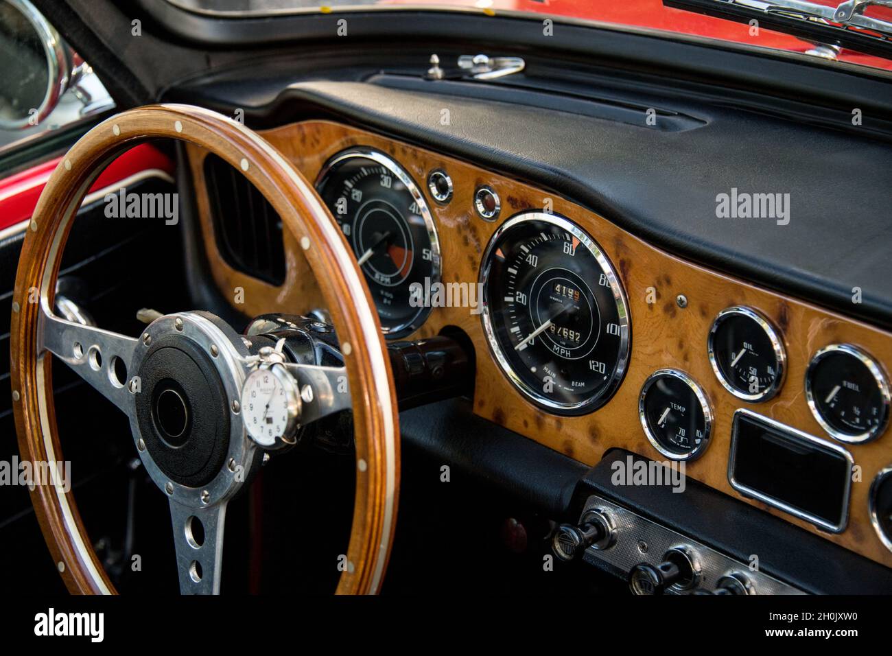 cockpit of a classic convertible sports car with burl wood analog ...