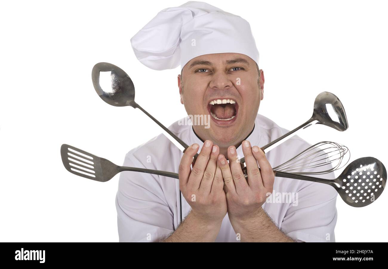 funny cook with cutlery Stock Photo - Alamy