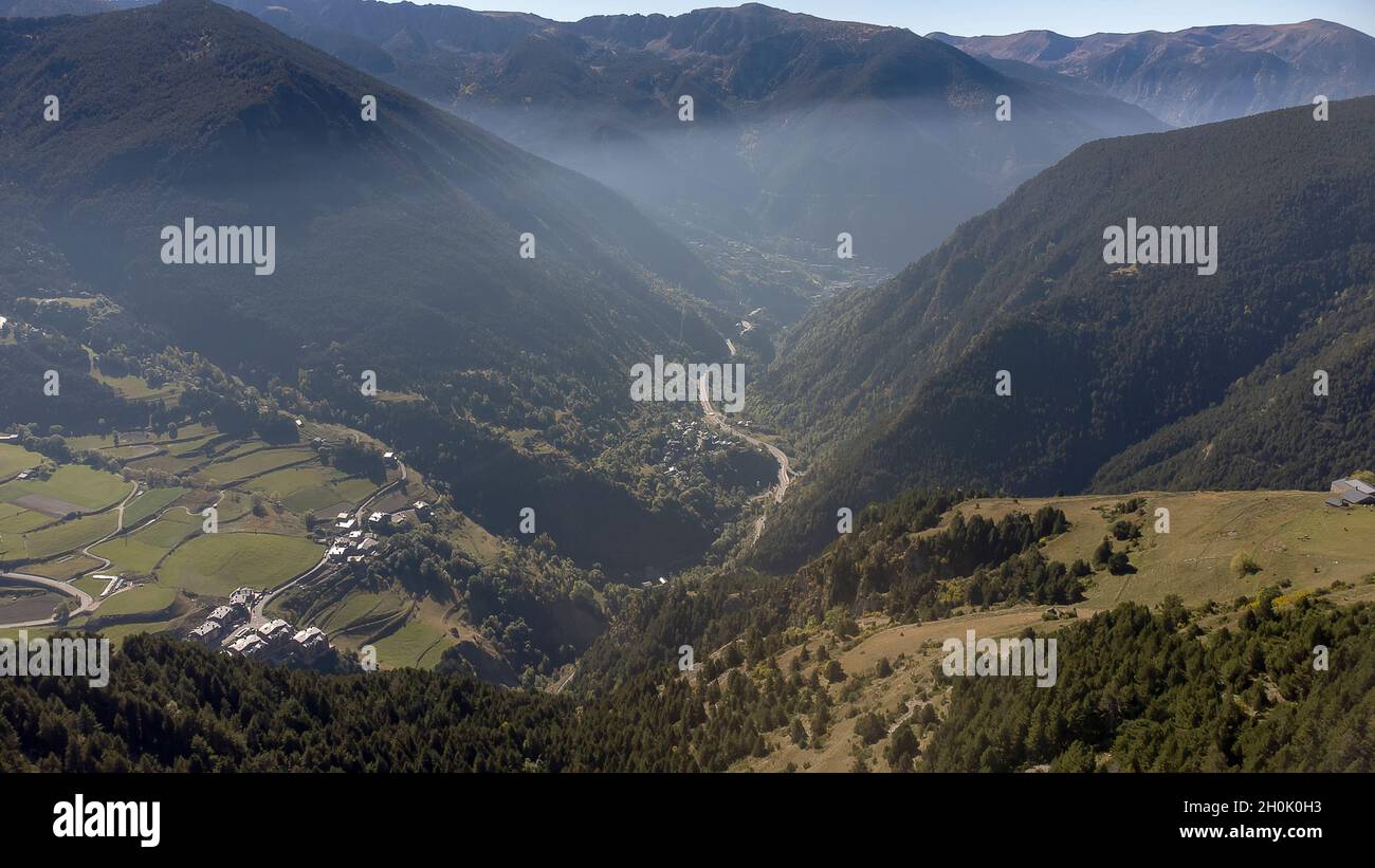 An aerial view of the Pyrenees mountains in the principality of Andorra ...