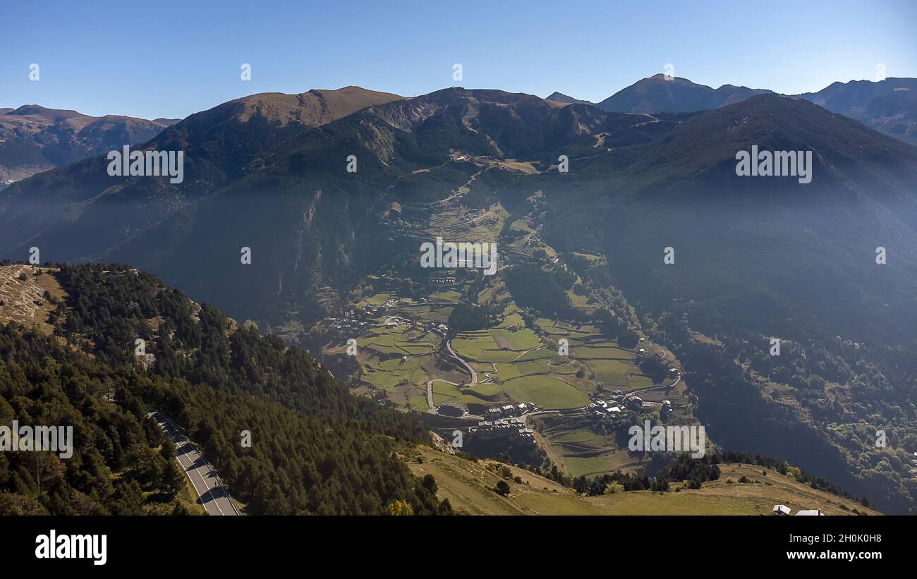 An aerial view of the Pyrenees mountains in the principality of Andorra ...