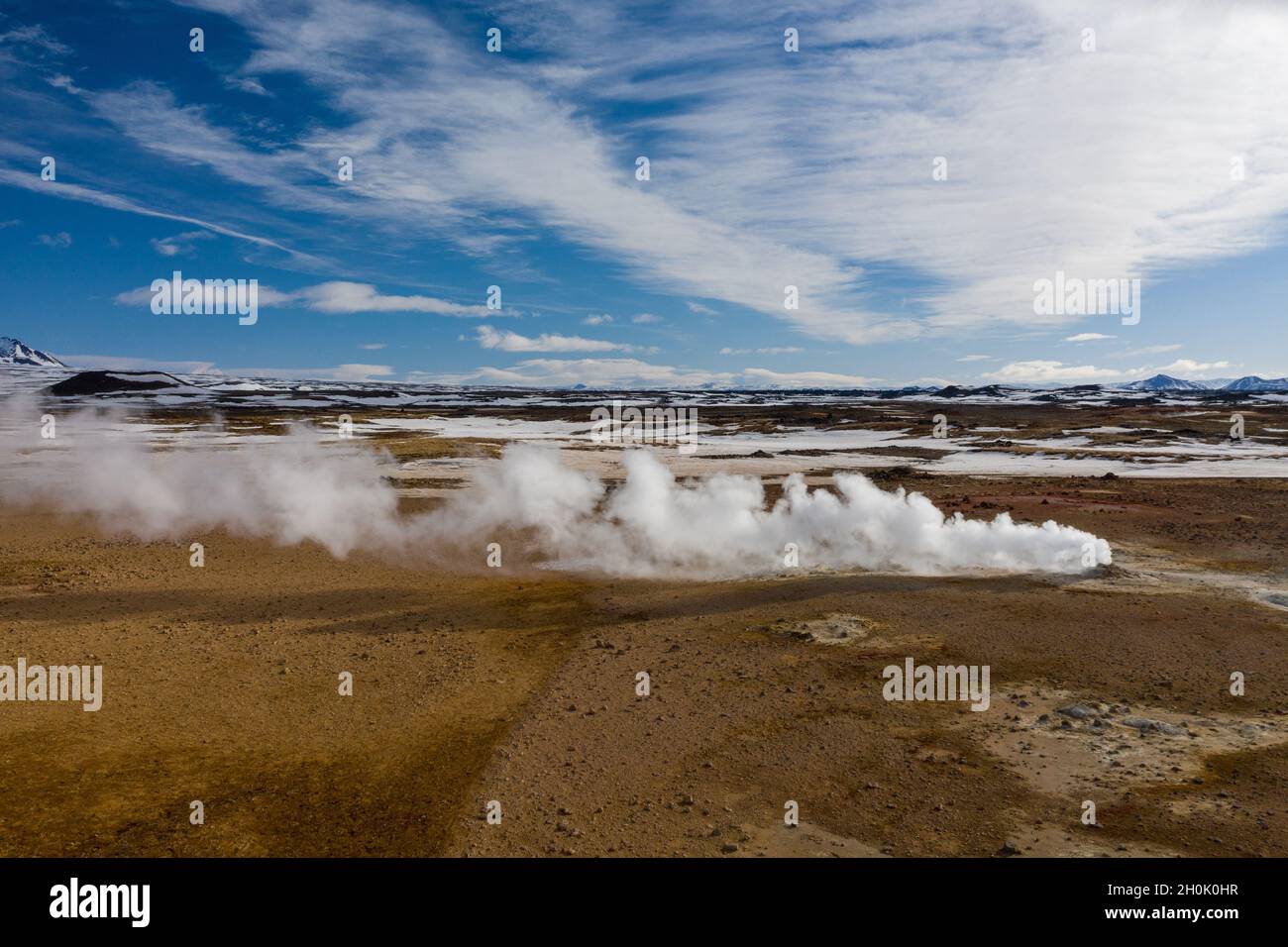 Aerial view of geothermal springs in the location of Hverir. Iceland in ...