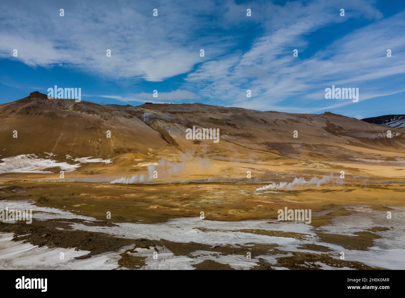 Aerial view of geothermal springs in the location of Hverir. Iceland in ...