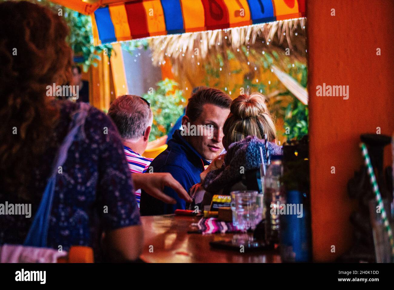 Santorini Island, Perissa, Greece - October 12, 2021 Bar restaurant ...