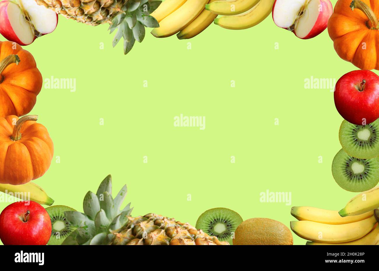Frame of Colorful Assorted Fresh Ripe Fruits on Light Lime Green ...