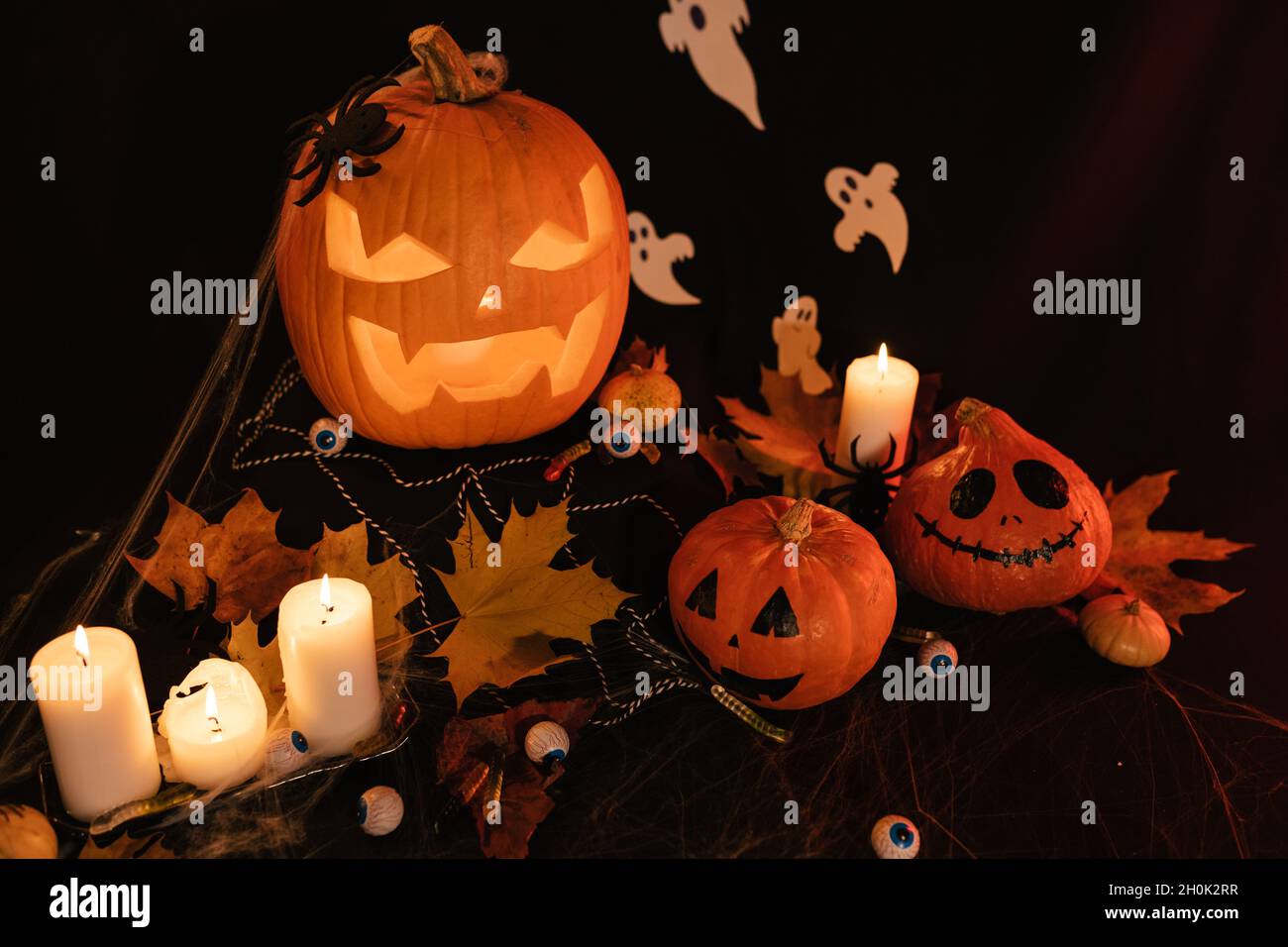 Halloween Decoratins on Table. Halloween Pumpkin. Traditional Treats ...