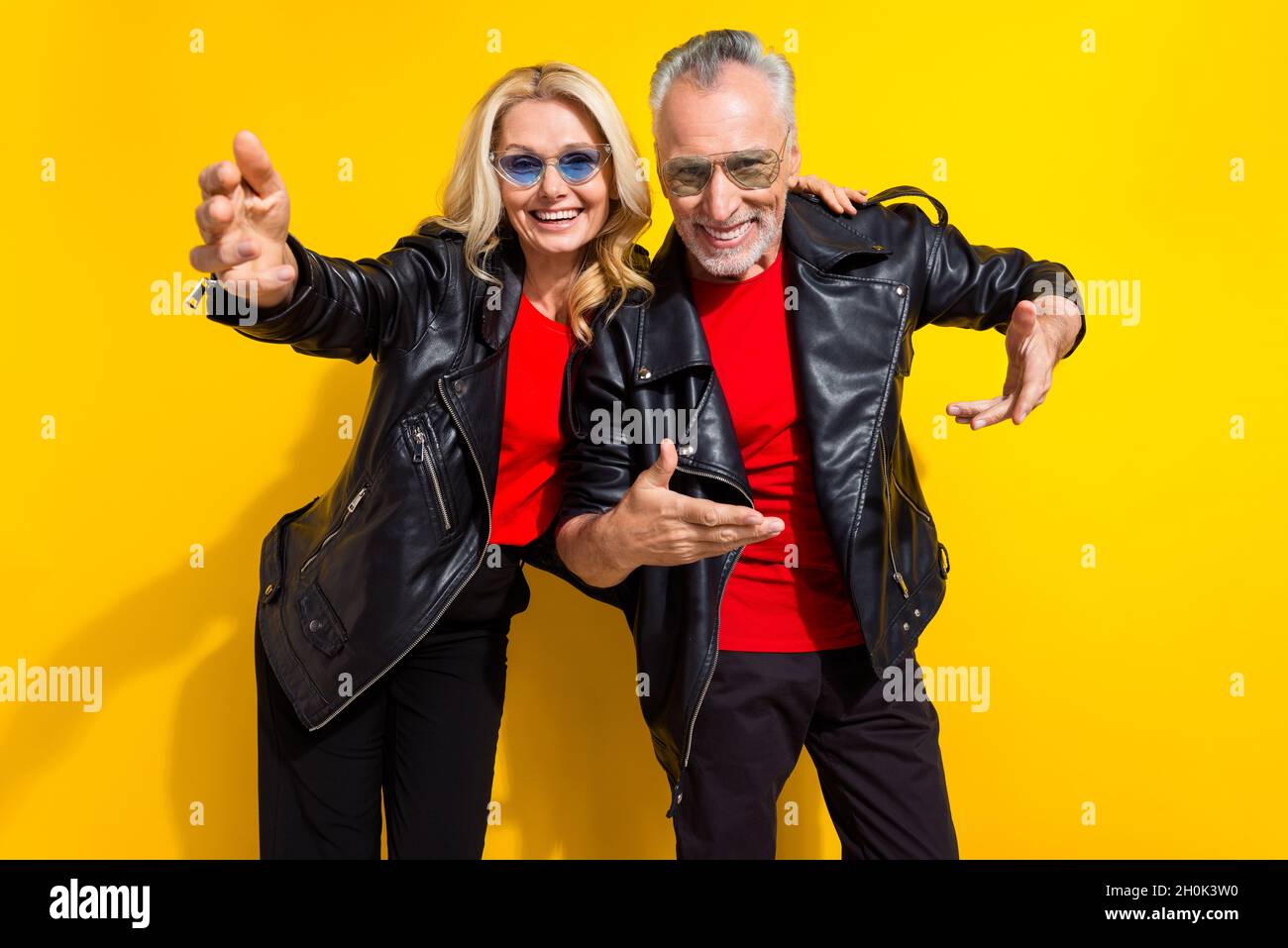 Portrait of beautiful handsome pensioner grey-haired friends spouses ...