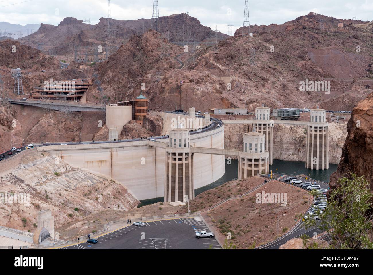 Hoover Dam, the concrete arch-gravity dam, in the Black Canyon of the Colorado River, on the ...