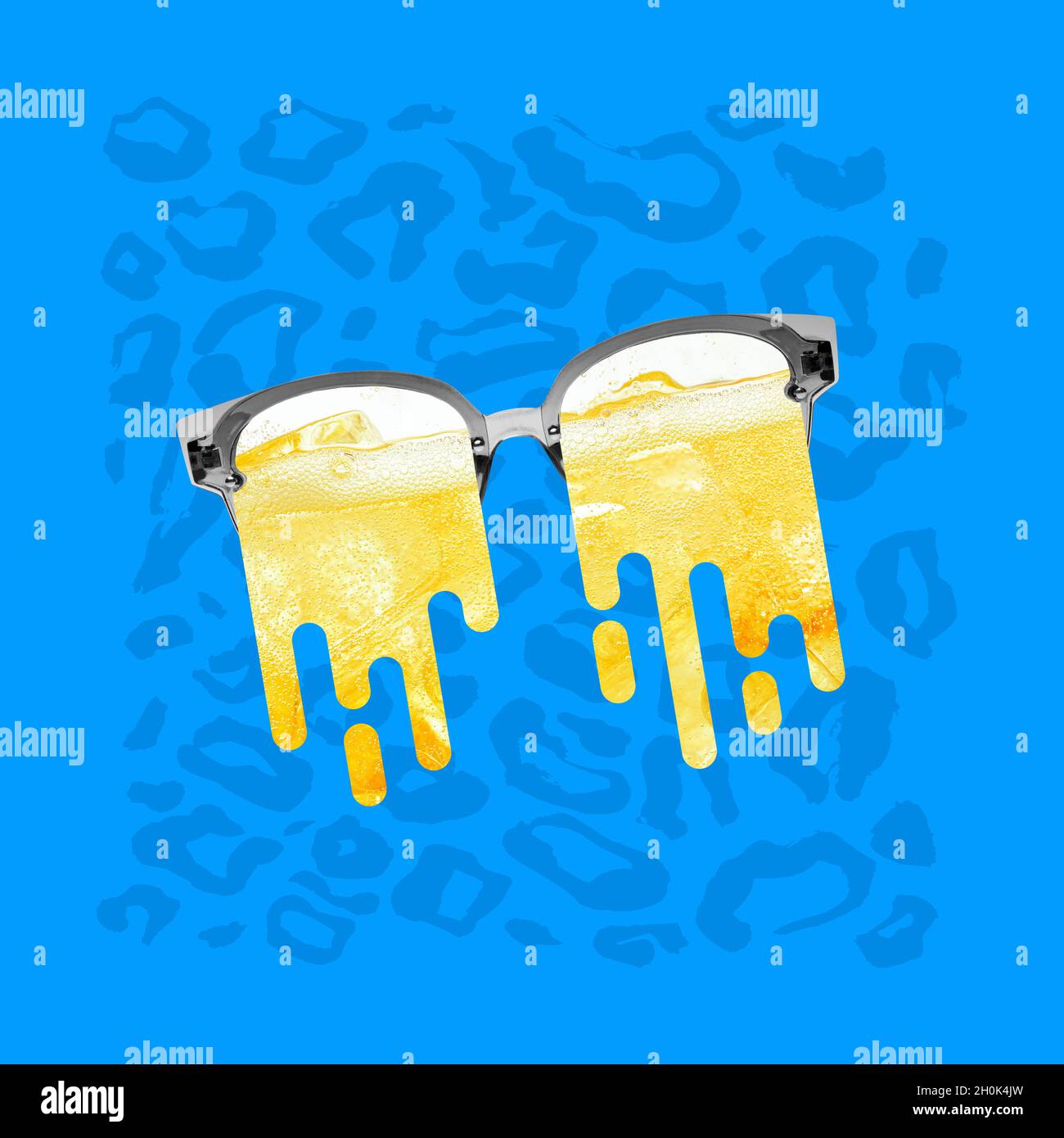 Contemporary art collage of glasses with flowing beer isolated over ...