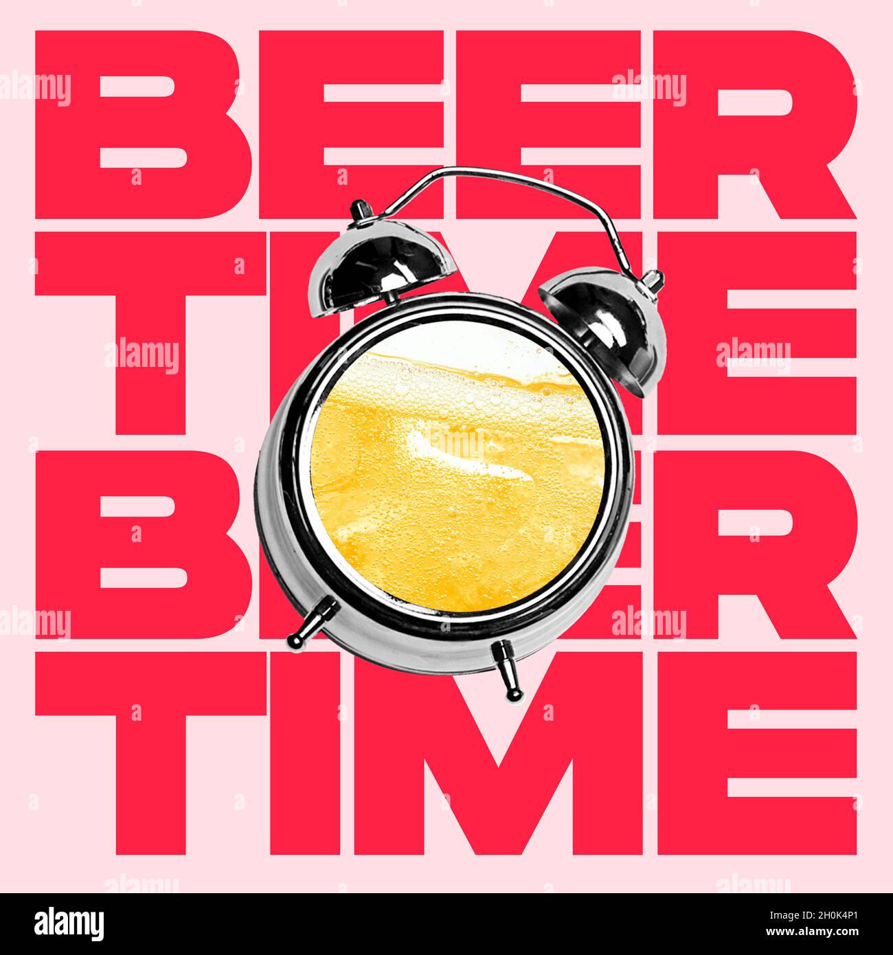 Contemporary art collage of alarm with lager beer clock face isolated ...
