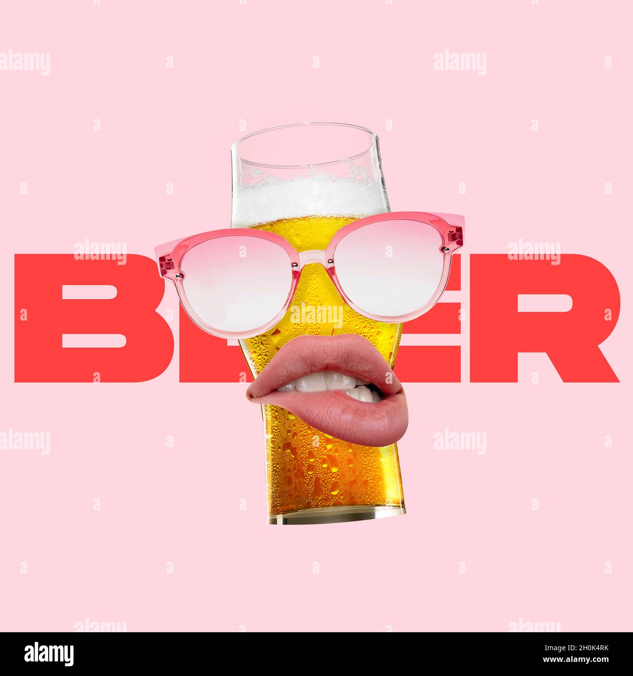 Contemporary art collage of female lips and glasses on cool glass with ...