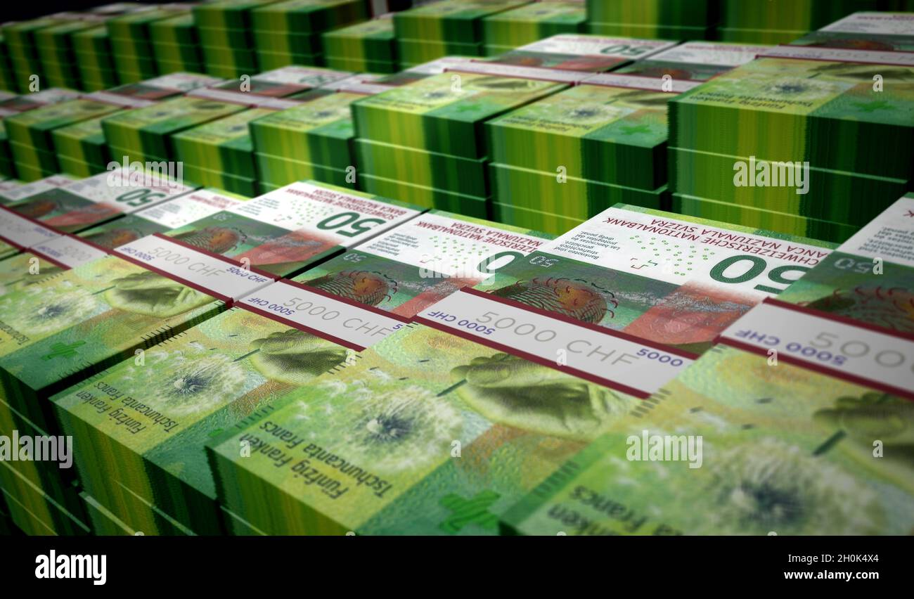 Swiss Franc money pack 3d illustration. CHF banknote bundle stacks ...