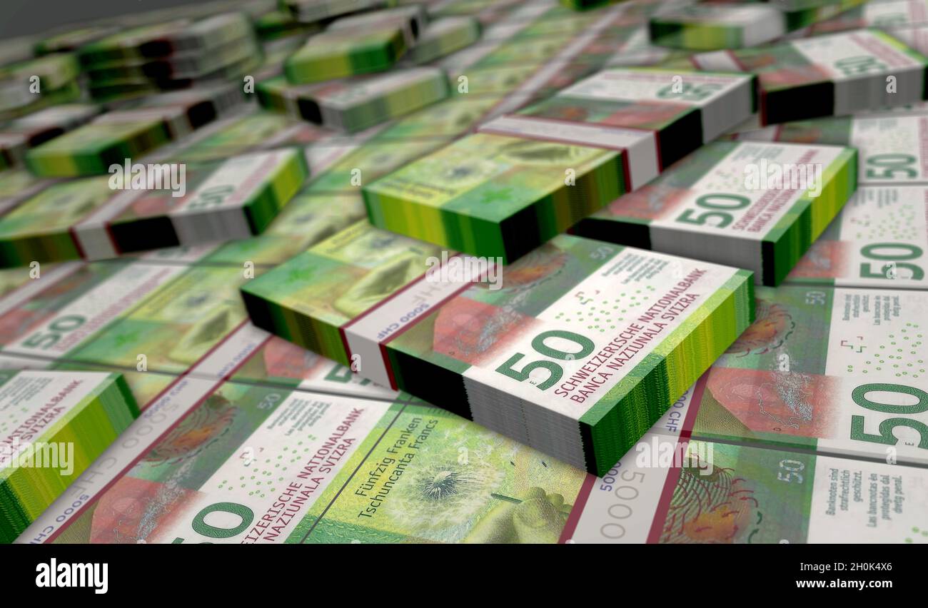 Swiss Franc money pack 3d illustration. CHF banknote bundle stacks ...