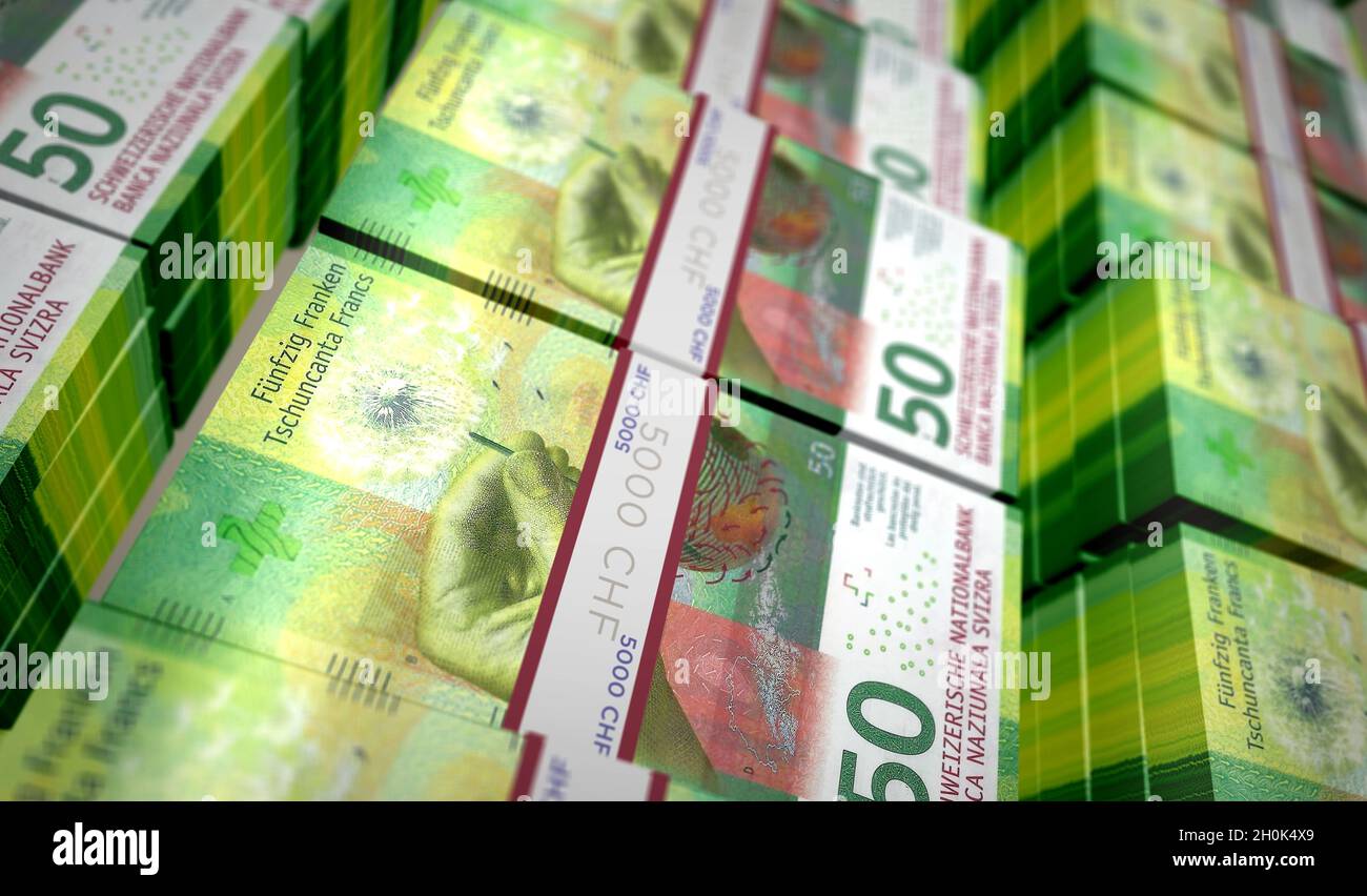 Swiss Franc money pack 3d illustration. CHF banknote bundle stacks ...