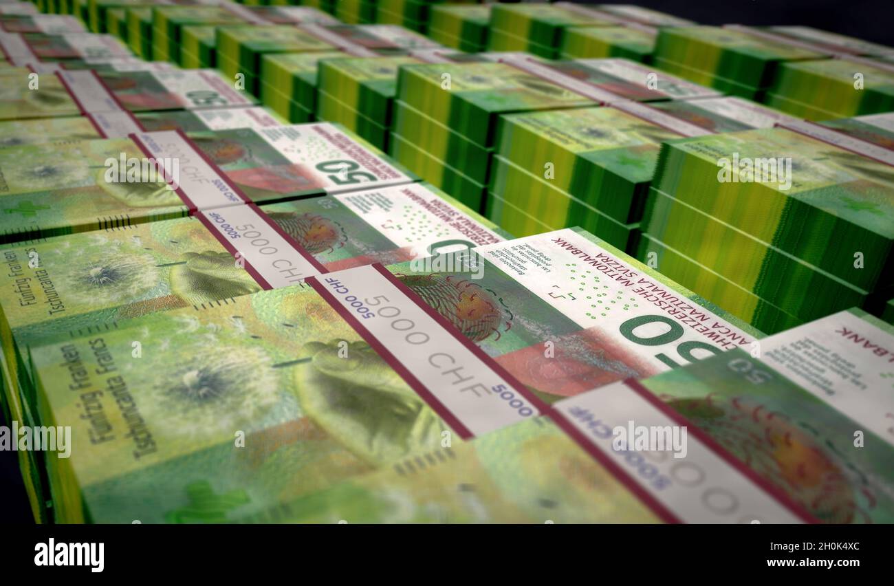 Swiss Franc money pack 3d illustration. CHF banknote bundle stacks ...