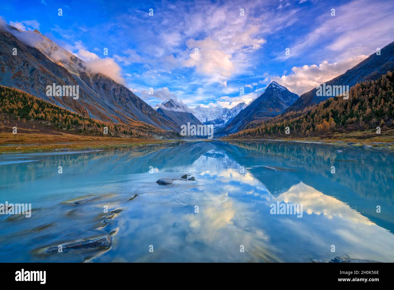 View from lake Akkem on mountain Belukha near board between Russia and ...