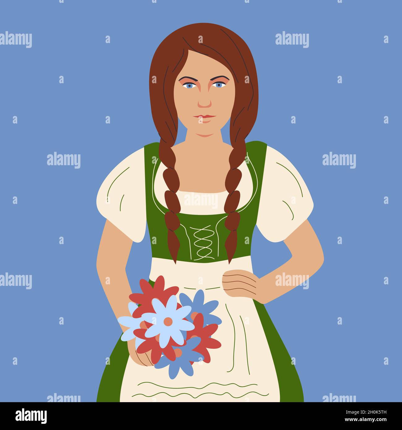 Germany flat girl with flowers wearing traditional green costume vector ...