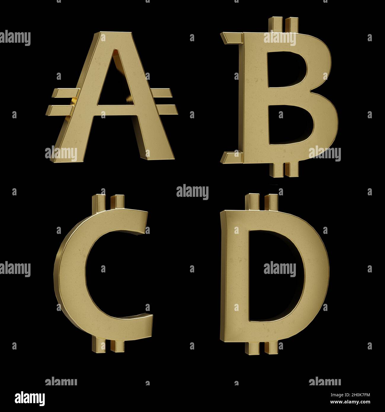 3D rendering of golden metal Bitcoin alphabet on black background ...