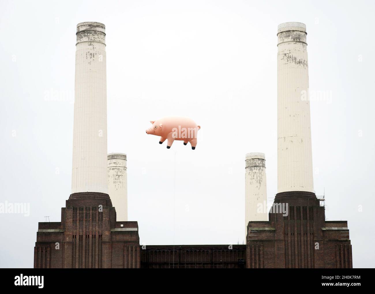 A giant inflatable pig flies above Battersea Power Station on the banks ...