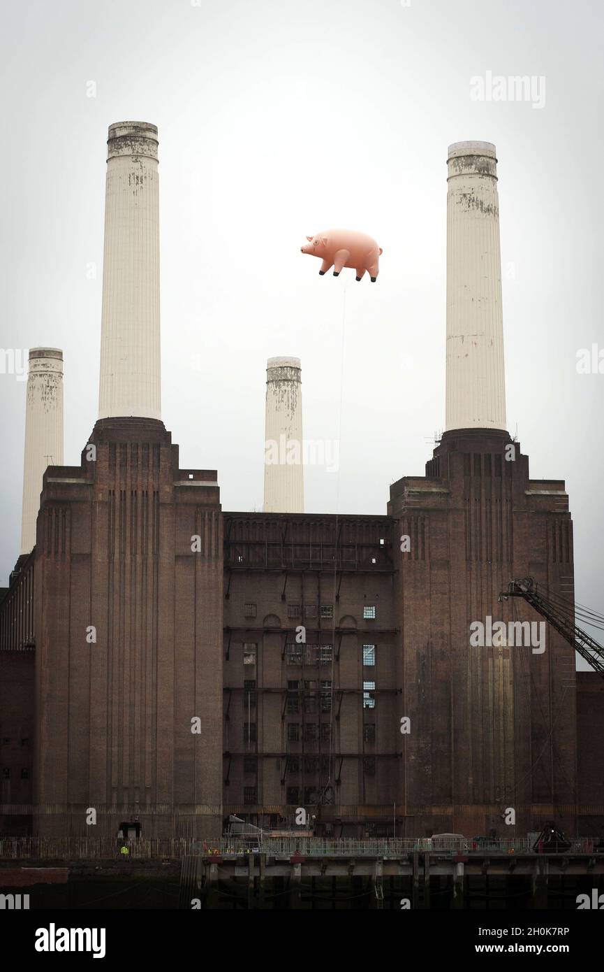 A giant inflatable pig flies above Battersea Power Station on the banks ...