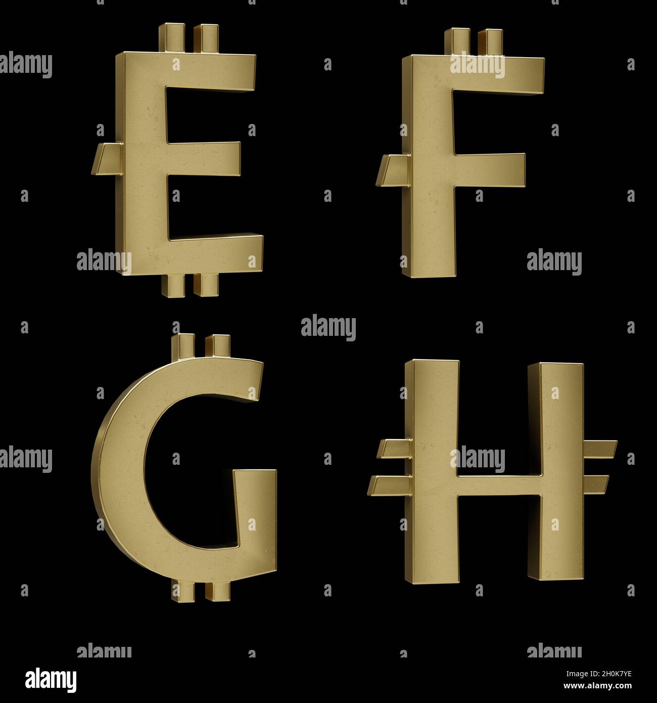 3D rendering of golden metal Bitcoin alphabet on black background ...