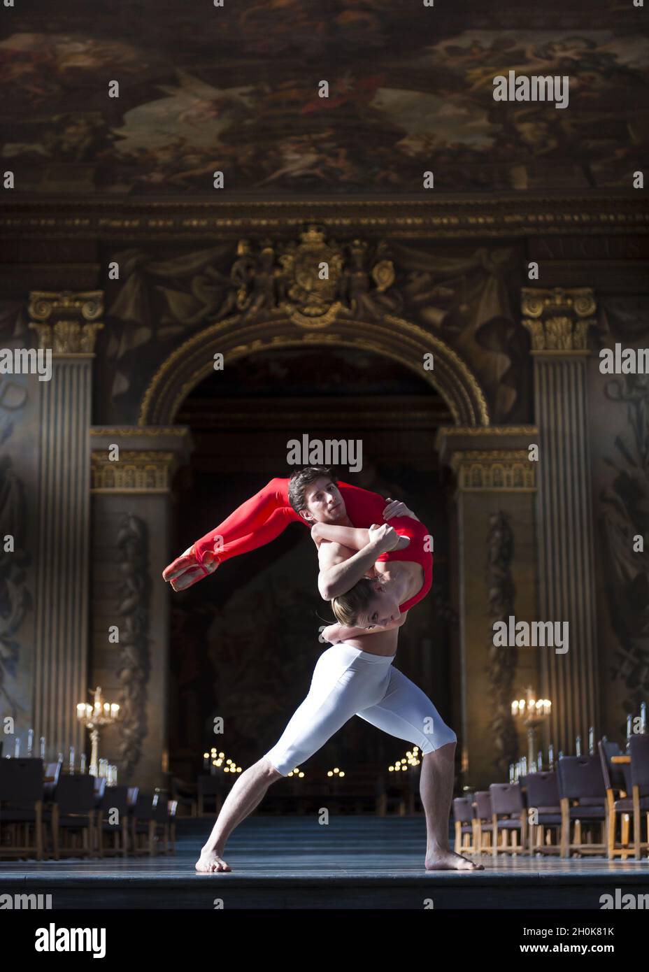English National Ballet dancers Ruth Brill (Red) and Nathan Young pose ...