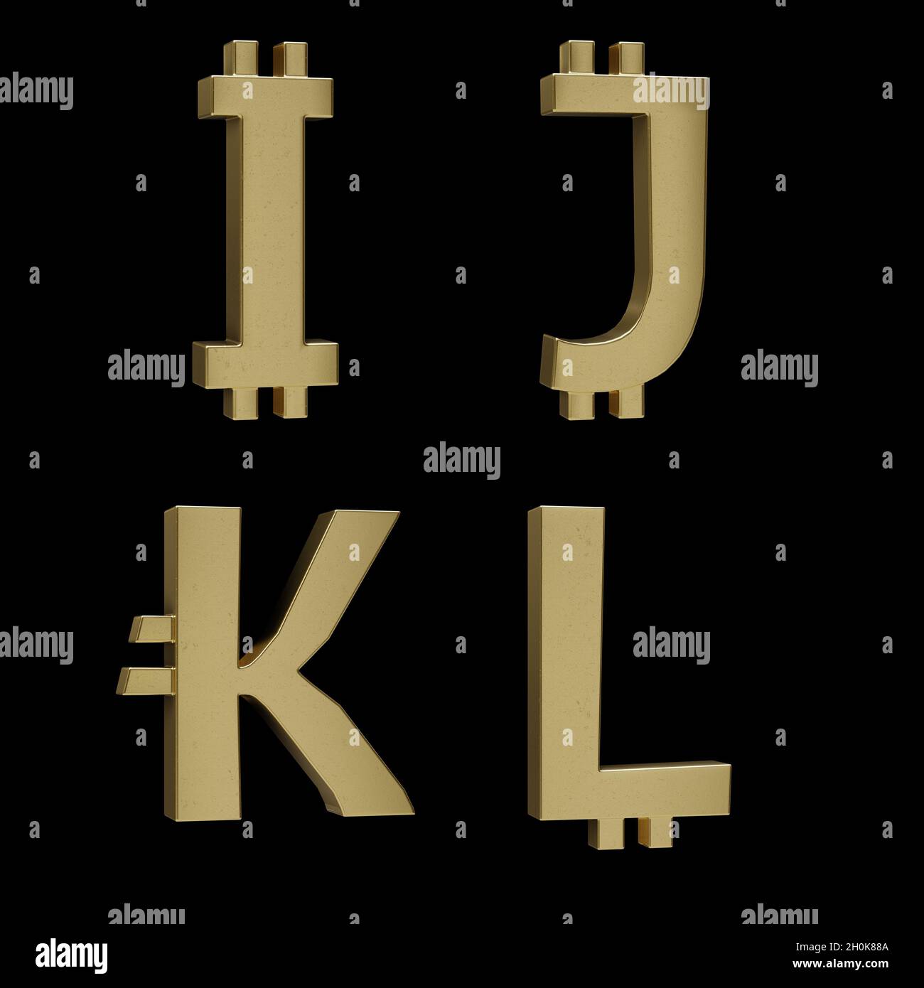 3D rendering of golden metal Bitcoin alphabet on black background ...
