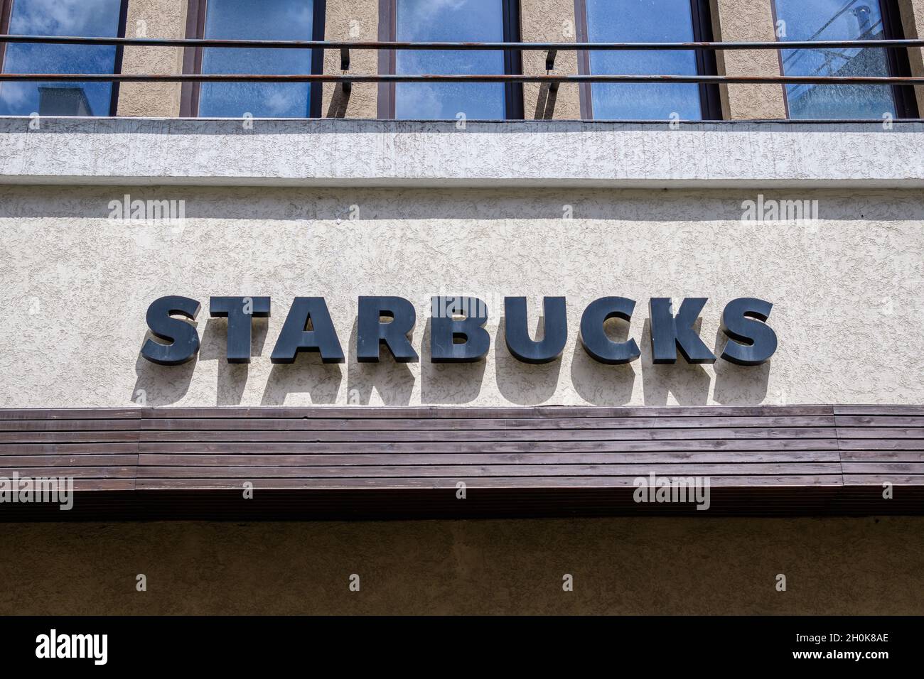 Bucharest, Romania - 6 May 2021: Entry sign with logo for Starbucks ...