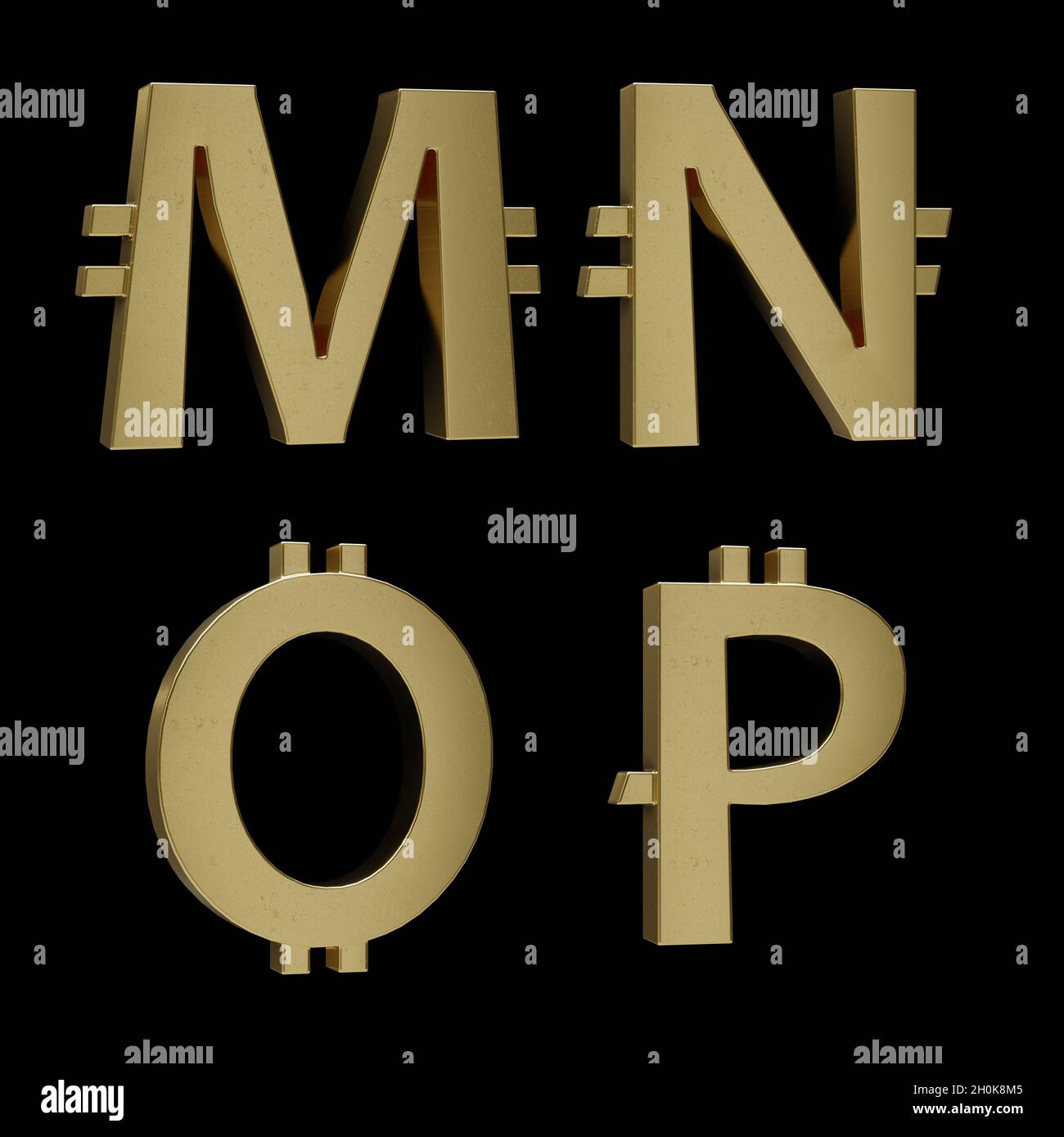 3D rendering of golden metal Bitcoin alphabet on black background ...