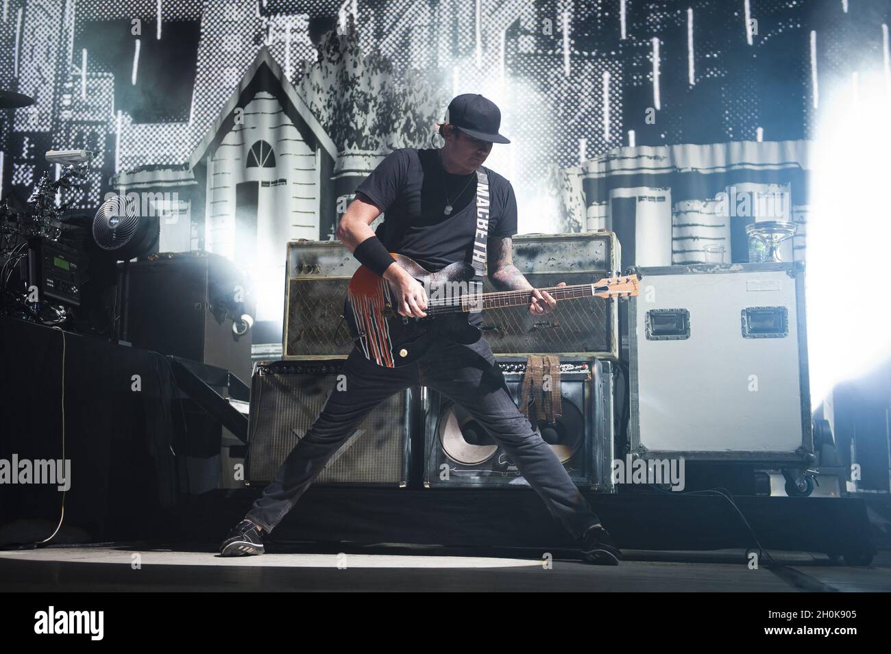 Tom DeLonge of Blink 182 performs on stage at the O2 Arena, London ...