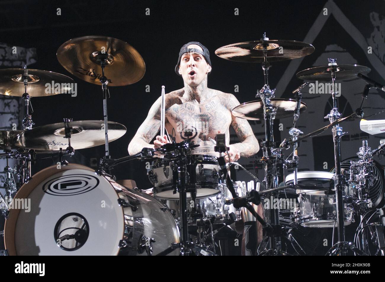 Travis Barker of Blink 182 performs on stage at the O2 Arena, London ...
