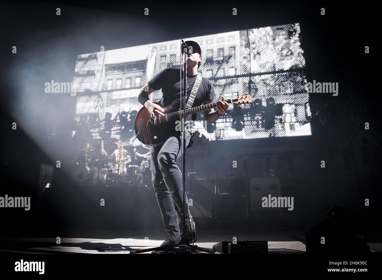 Tom DeLonge of Blink 182 performs on stage at the O2 Arena, London ...