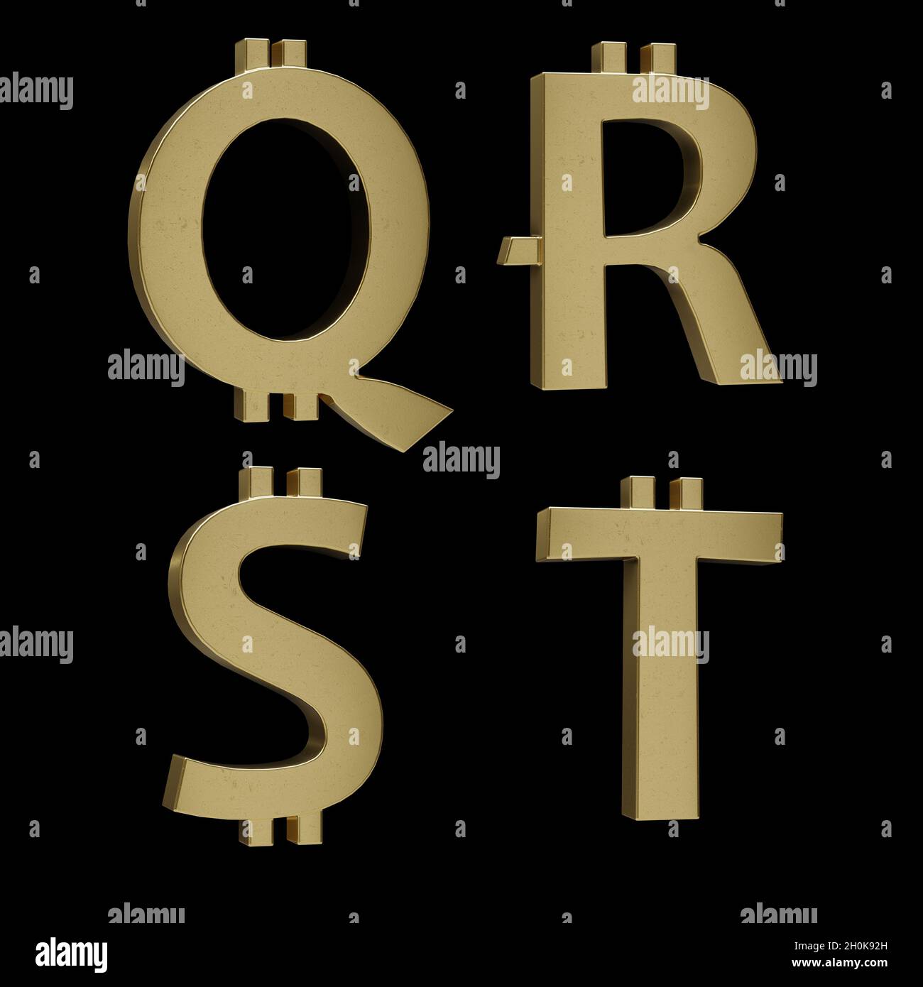 3D rendering of golden metal Bitcoin alphabet on black background ...