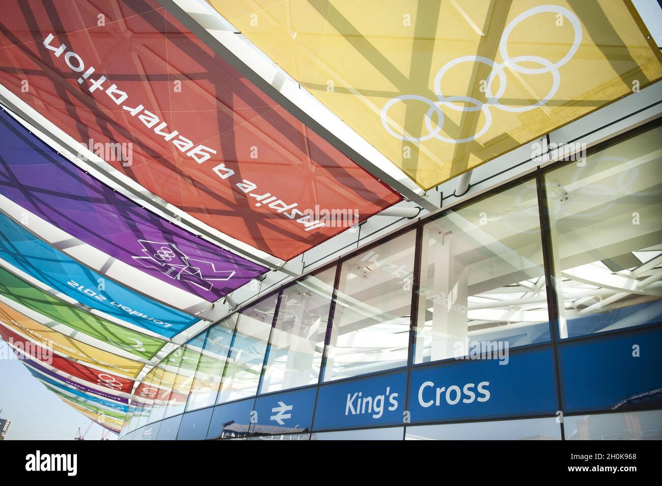 General View of Olympic banners at Kings Cross St Pancras Station ...