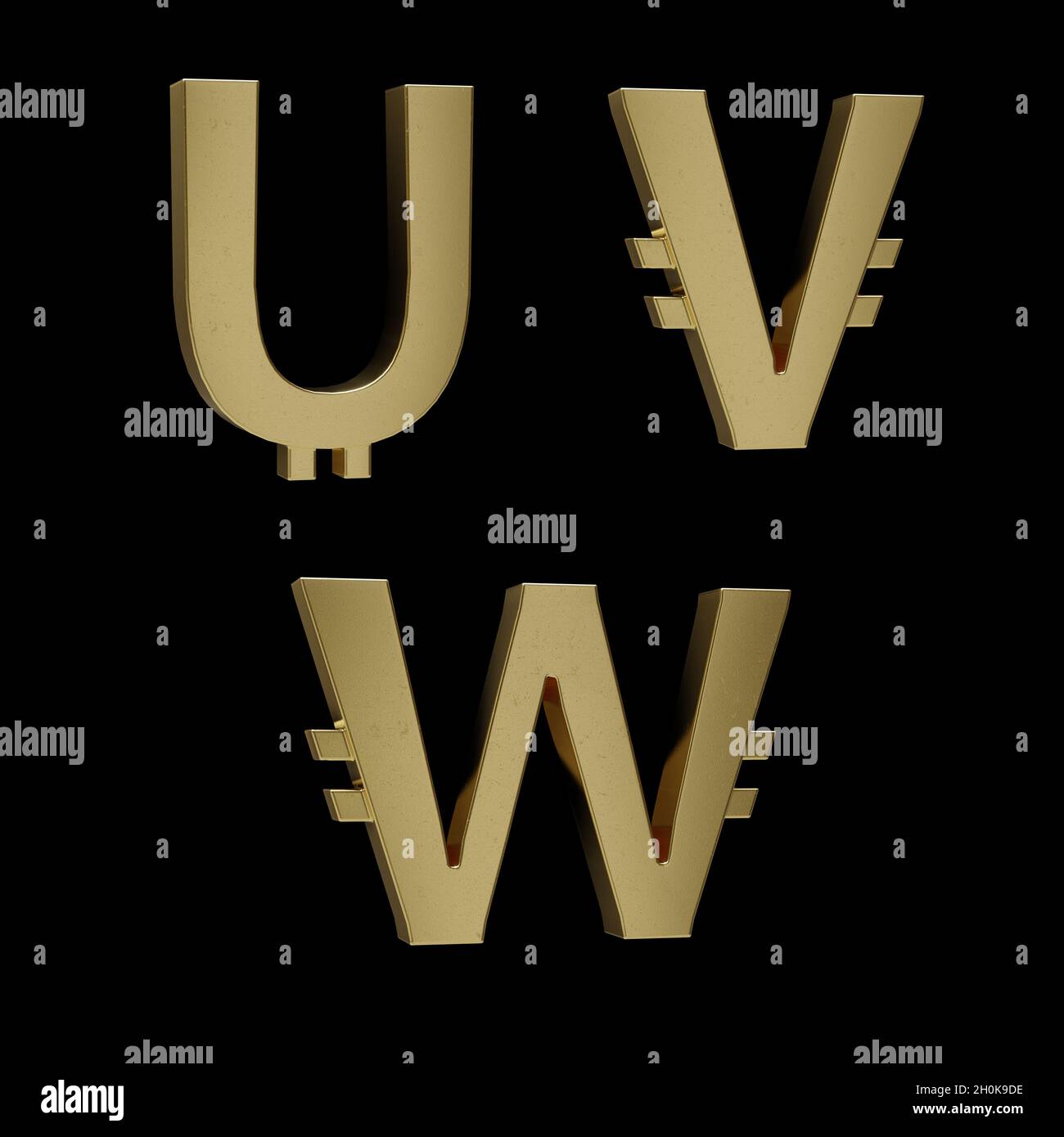 3D rendering of golden metal Bitcoin alphabet on black background ...