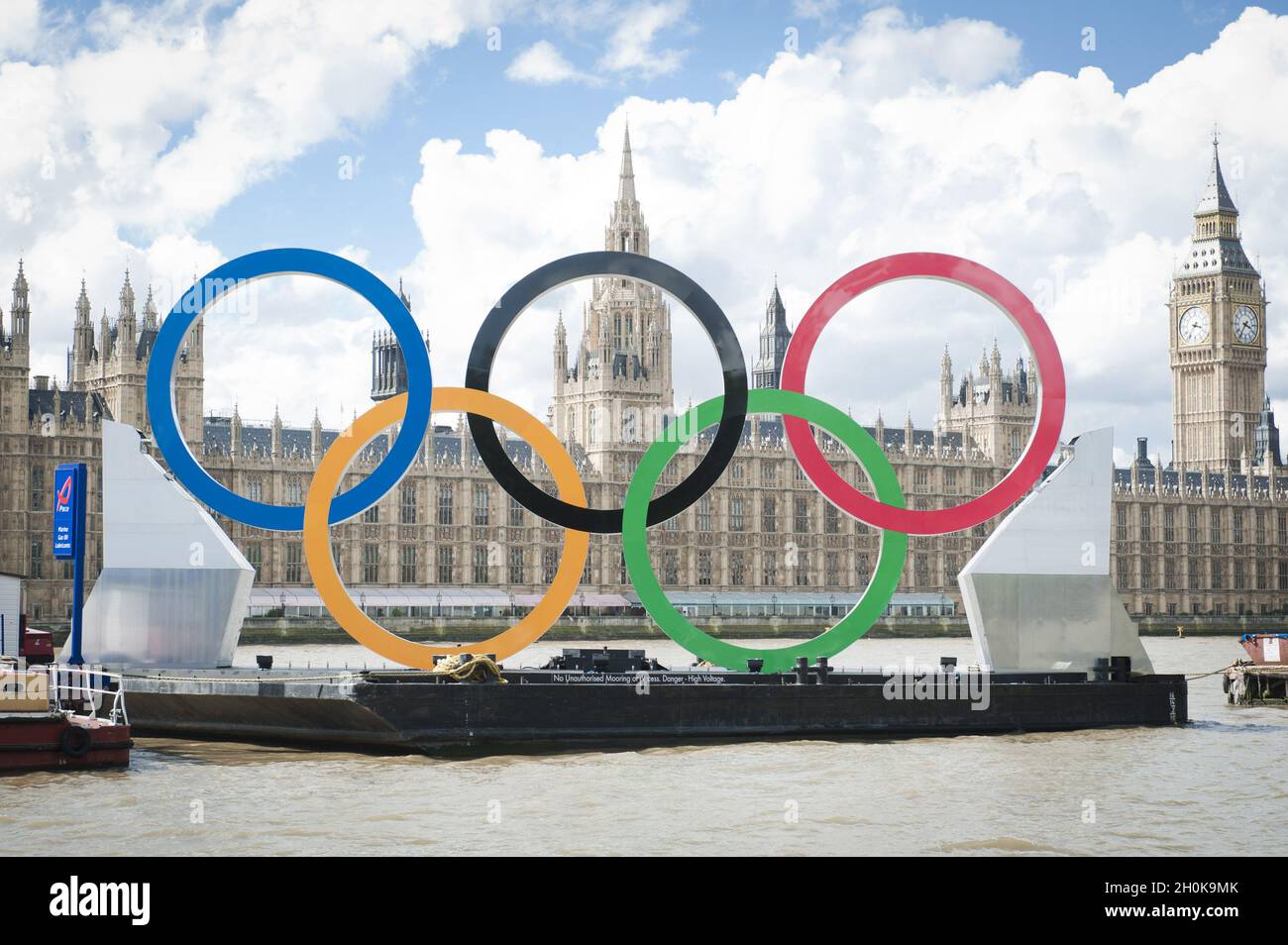 General View of the Thames Olympic rings in front of the Houses of ...