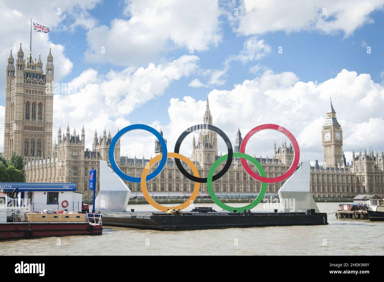 General View of the Thames Olympic rings in front of the Houses of ...