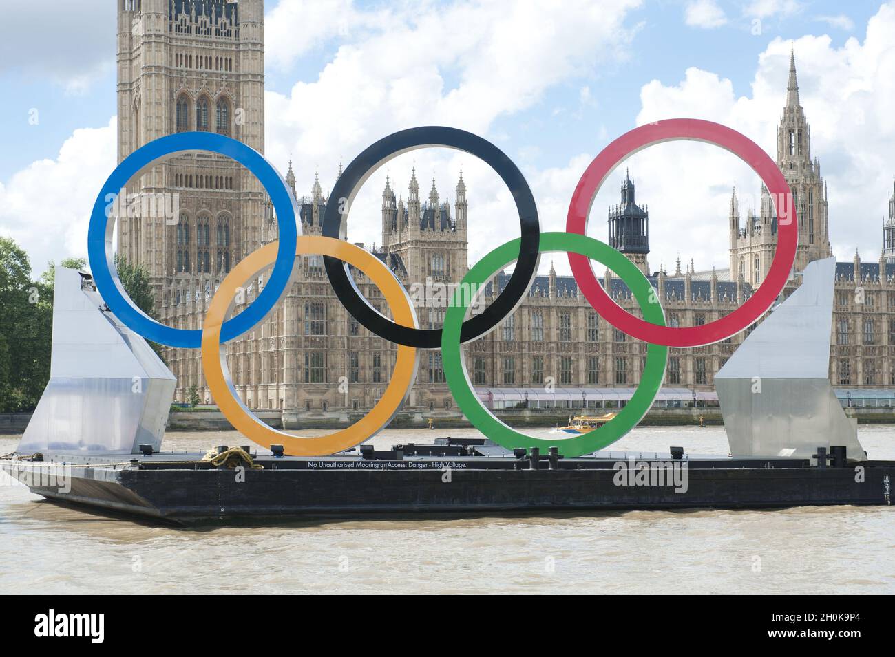 General View of the Thames Olympic rings in front of the Houses of ...