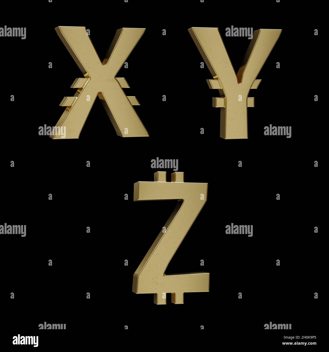 3D rendering of golden metal Bitcoin alphabet on black background ...