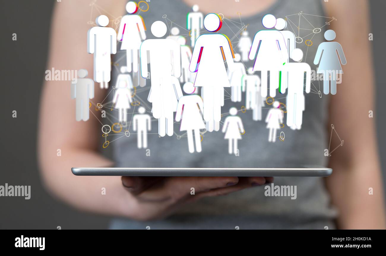 3D rendering of floating people icons on a tablet - communication ...