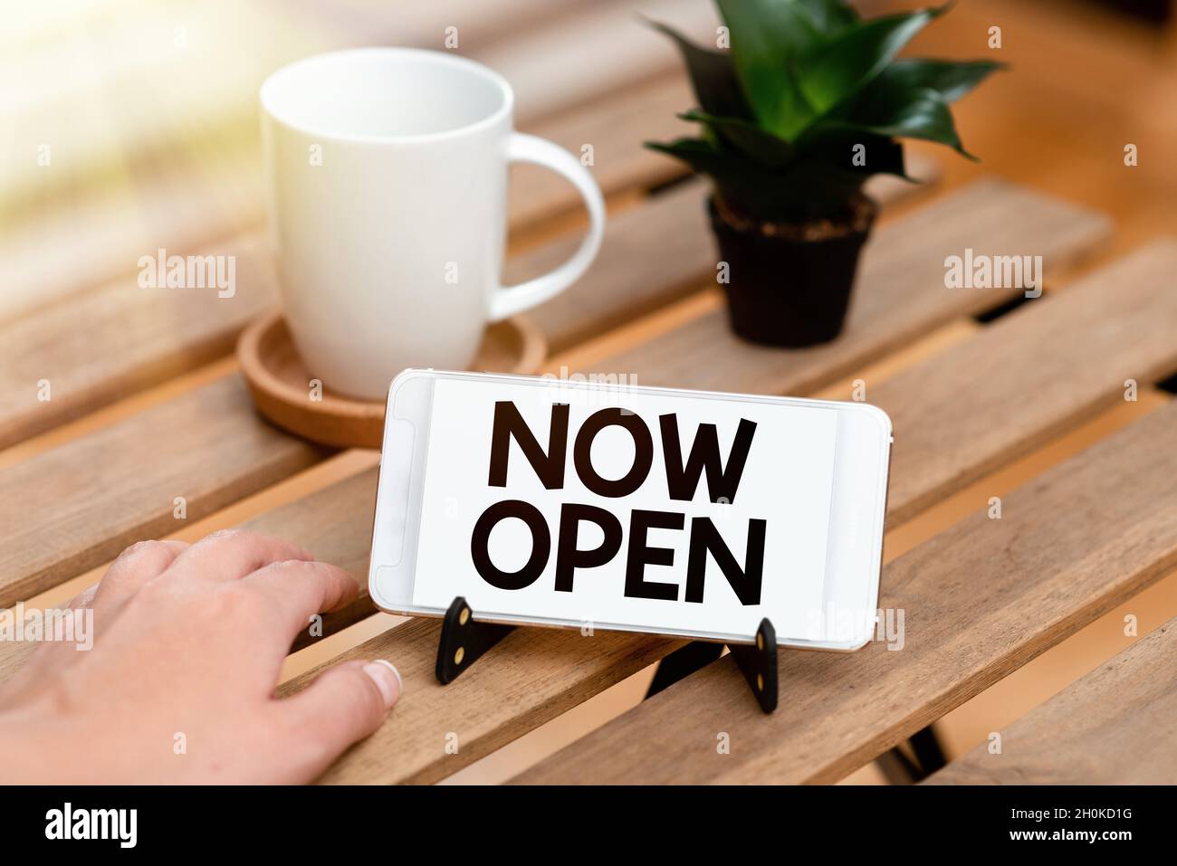 Hand writing sign Now Open. Business approach leave door or windows not ...